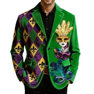 Generic Veste de costume pour homme en velours c&ocirc;tel&eacute; imprim&eacute; multicolore - Costume de carnaval - Motif Mardi Gras - Blazer - Tenue de f&ecirc;te - Vintage - Veste 