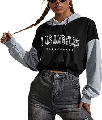 ORANDESIGNE B Noir Sweat &agrave; Capuche Court Femme Los Angeles California Lettre Graphique Col Rond Sweat-Shirt Epaule Tombante Pull Ample Top Preppy Manches Longues 