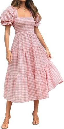 Generic Robe mi-Longue décontractée dété pour Femme, à Carreaux, col carré, Manches Bouffantes, Volants, smockée, Robe trapèze, Robes bohèmes élégantes