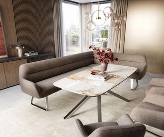 DELIFE Esszimmerbank Taya-Flex 285x190 cm Strukturstoff Soft Taupe Kufengestell flach Edelstahl Taschenfederkern Links, B&auml;nke