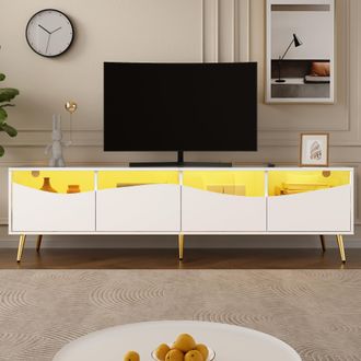 Generic TV Schrank Wei&szlig; 180 cm f&uuml;r Fernseher bis 80 Zoll, Lowboard mit Glasfront und LED, Moderner Medienschrank mit Gold-Beinen, TV-Konsole und Sideboard f&uuml;r