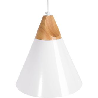 Beliani Lampe Suspension Moderne en Aluminium Blanc et Bois Clair E27 40W avec Abat-jour Conique D&eacute;coratif pour Int&eacute;rieurs Scandinaves et Minimalistes Beliani