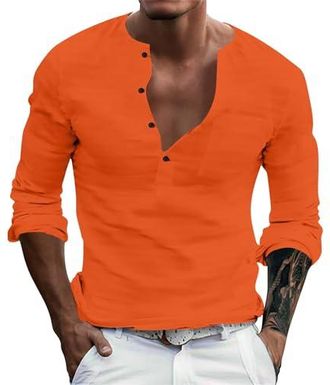 Generic T-shirt &agrave; manches longues pour homme - Style vintage - En coton - Grandes tailles - Col montant - Chemise de plage - Col rond - Chemise d&eacute;t&eacute; &eacute;l&eacute;gante 