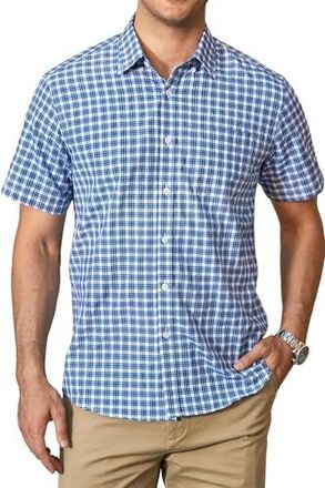 Hisdern Chemise à Carreaux Homme Manche Courte Boutonnées Décontractées Chemises été Travail Hommes Bleu Marine avec Poches Coupe Régulière 2XL