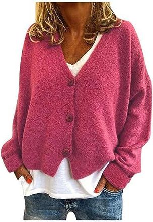 Generic Cardigan court &agrave; manches longues ouvert sur le devant pour femme, rose vif, XXL