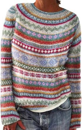 Onsoyours Pull Femme Chandail Chaud Épais en Maille Tricot Vintage Ethnique Imprimé Patchwork Pullover en Tricot Sweater Pull Top Bloc De Couleurs Mode Sweater 