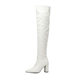 Generic Bottes montantes au-dessus du genou pour femme - Talon bloc haut - Bout pointu - Chaussures dhiver &agrave; enfiler, blanc, 38.5 EU