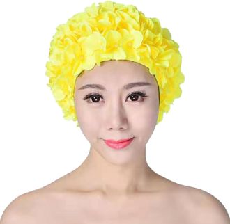 Generico S&uuml;&szlig;e Badekappe - Vintage-Blumen-Design mit 3D-Blumen, bequeme elastische Badekappe mit langem Haar | Badekappe f&uuml;r Frauen, Erwachsene, Kinder, Pool, S