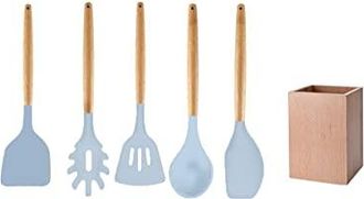 Fackelmann Fackelmann 30178 Küchenhelfer-Set, 5-teilig, Löffel und Pfannenwender und Ständer aus Holz, Silikon, FSC-Holz, 32 cm