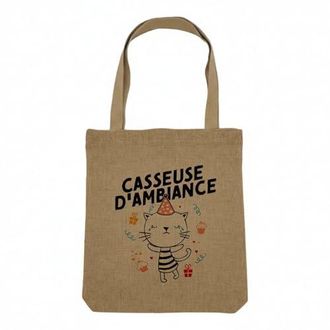 Fabulous Sac Shopping Tote Bag Aspect Lin - Casseuse dAmbiance Chat Dessin Illustration - Sac de Courses Toile Epaisse 360g Beige Naturel Cabas Port&eacute; Epaule So