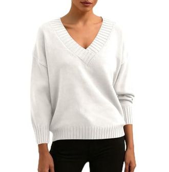 Generic Pull court &agrave; col en V pour femme, d&eacute;contract&eacute;, couleur unie, manches longues, pull court polyvalent, pull en tricot, blanc, XXL