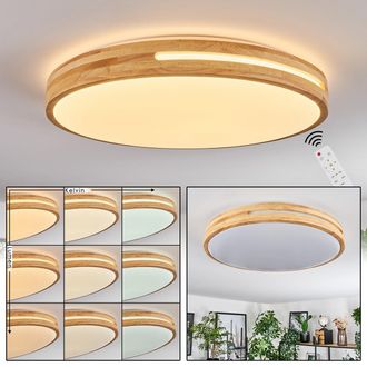 HOFSTEIN LED Deckenleuchte Sofo, Deckenpanel aus Metall/Kunststoff/Bambus in Weiß/Natur, dimmbare Leuchte im Boho-Design (Ø 50cm), Fernbedienung, Kelvin einste