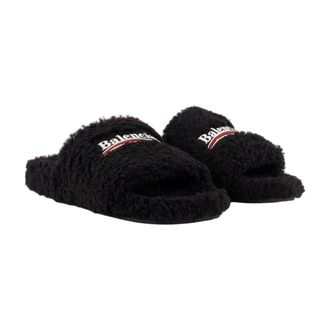 Balenciaga Womens Furry Sandals - Balenciaga Shearling Black Shoes