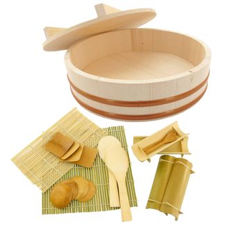 BambooMN Hangiri Oke Sushi-Reisk&uuml;hlschale mit Deckel, 36,1 cm, 19-teiliges Servierzubeh&ouml;r-Set - extra gro&szlig;