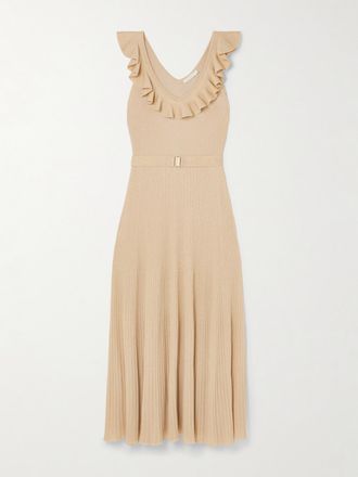 Zimmermann Awaken Midikleid Aus Metallic-rippstrick Mit Rüschen Und Gürtel - Gold