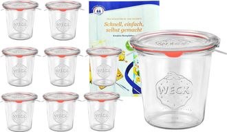 MamboCat 9er Set Weck Gläser 580ml 1/2 Liter Sturzgläser mit 9 Glasdeckeln, 9 Einkochringen und 18 Klammern inkl. Diamant-Zucker Gelierzauber Rezeptheft I Orig