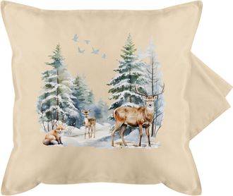 Shirtracer Kissenbezug - Weihnachtskissen Christmas Geschenke - Winterwald Tiere Motiv I Winter Geschenk Winterzeit I Winterlandschaft I Waldtiere Fuchs Reh Hirs