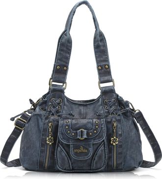 Angel Kiss Kleine Hobo-Tasche f&uuml;r Damen, Retro, gewaschenes Leder, ger&auml;umige Griffe oben, Geldb&ouml;rsen mit abnehmbarem Riemen, Retro Blau, Small