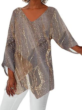 Onsoyours Femme Tunique À 3/4 Manches Longues Chemise Élégant Imprimée Blouses Casual Vintage Ample Swing T-Shirt Grande Taille Comfortable Chemisier Hauts Pull