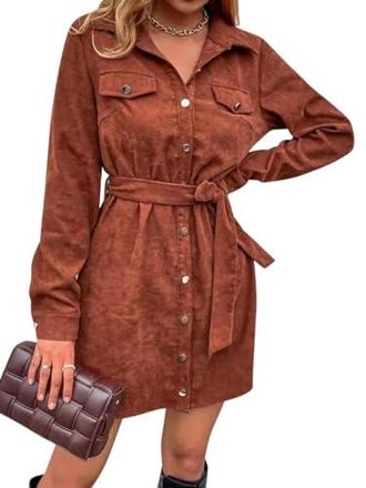 ORANDESIGNE Robe Femme Chic et Elegant Hiver en Velours Côtelé Mini Robe Chemise Décontracté Col V Manches Longues Veste sur Robe Blouse Chemisier Tunique avec Ce