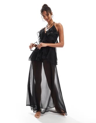 Miss Selfridge Beach-Maxikleid in Schwarz aus Chiffon mit R&uuml;schen