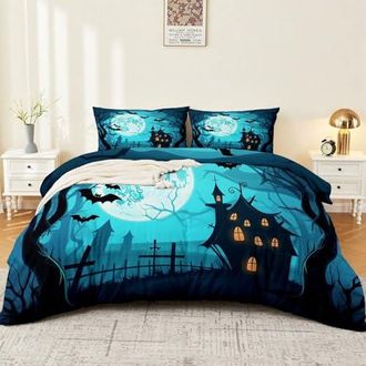 Generic Housse de Couette Halloween 220 x 240 cm Dessin Anim&eacute; Halloween Pleine Lune Parure de Lit Microfibre Linge de Lit Enfants Adolescents Cadeau avec Ferm