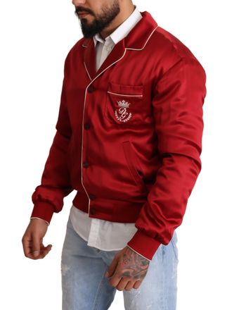 Dolce & Gabbana Mens Red Silk Button Dg Logo Bomber Jacket Clothing