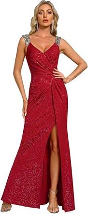 Ever-pretty Robe de Soir&eacute;e Femme Longue Moulante Fendu Col V Plis Bandouli&egrave;re &agrave; Sequins Haute &Eacute;lasticit&eacute; Rouge 38