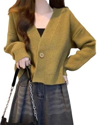 Generic Vestes dhiver tricot&eacute;es &agrave; un bouton pour femme - &Eacute;l&eacute;gantes et amples - Pour le bureau - Style d&eacute;contract&eacute; - Col en V - Cardigan court, Vert, taille un