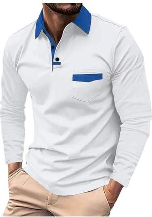 Generic Polo &agrave; manches longues pour homme Patchwork Revers T-shirt d&eacute;contract&eacute; Chemises de vacances Tops, Blanc., 3XL