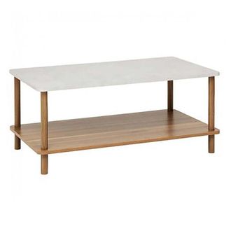 PEGANE Table basse rectangulaire avec &eacute;tag&egrave;re inf&eacute;rieure, coloris blanc/marron - Longueur 90 x Profondeur 50 x Hauteur 40 cm