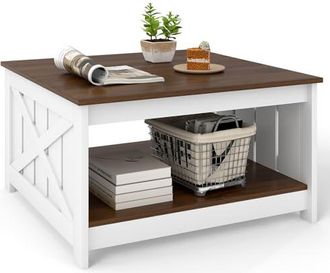 Giantex Table Basse Carr&eacute;e &agrave; 2 Niveaux avec Effet Bois, &Eacute;tag&egrave;re de Rangement Ouverte, Cadre en Forme de X, Table de Salon Rustique pour Salon, Chambre &agrave; Couch
