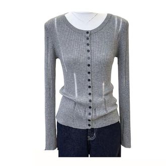 Generic Faux cardigan en tricot deux pi&egrave;ces pour femme - Couleur caf&eacute; - Col en V - Style paresseux - Manches longues - Haut court, Gris, taille unique