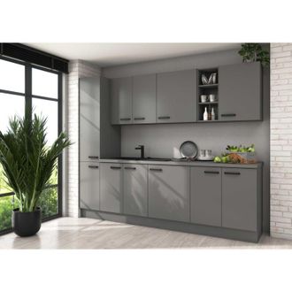 Furnix Küchenmöbel-Set Islarosa 260 cm breit Küchenzeile mit Hängeschränken Anthrazit - Furnix