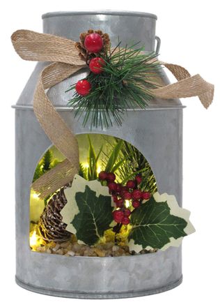 Bonetti Deko-Milchkanne aus Metall, mit Herbst- / Winterdeko, LED beleuchtet, &Oslash; 12,7 cm, 19,8 cm hoch