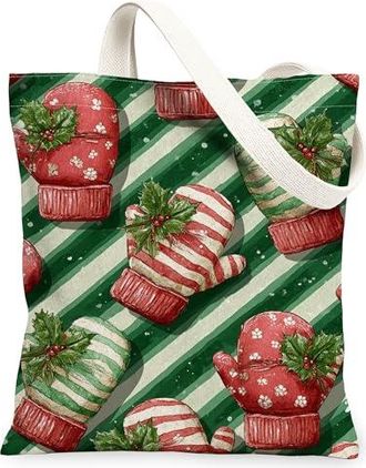 Generic Sacs fourre-tout festifs en toile, motif moufles de vacances, sacs de courses r&eacute;utilisables, respectueux de lenvironnement, l&eacute;gers et lavables &agrave; l&eacute;pau