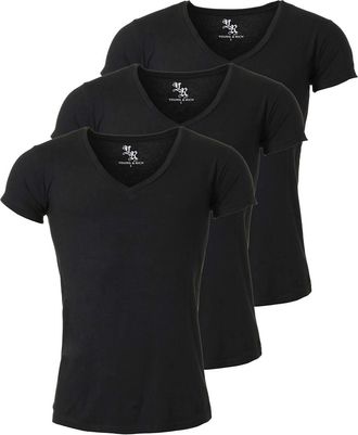 Young & Rich Herren Uni T-Shirt mit extra tiefem V-Ausschnitt Slimfit Stretch Dehnbare Passform einfarbiges Basic Shirt - 3er Pack, Gr&ouml;sse:XXL, Farbe:Schwarz