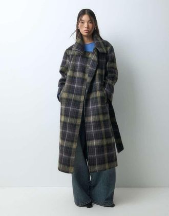 Asos Longline-Mantel mit Funnelkragen und G&uuml;rtel in Blau kariert-Schwarz