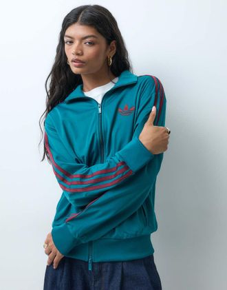 adidas Originals Firebird haut de surv&ecirc;tement ample en vert canard et bordeaux-Bleu