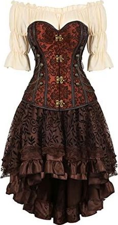 Grebrafan Corset Steampunk et Jupe Pirate Chemisier Deguisement Bustier Halloween Femme (EUR(40-42) 2XL, Marron)