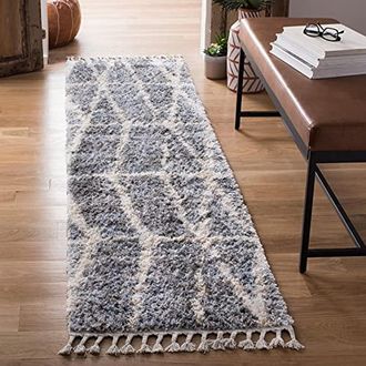 Safavieh Zottelig Teppich für Wohnzimmer, Esszimmer, Schlafzimmer - Berber Fringe Shag Collection, Kurzer Flor, Grau und Creme, 61 X 244 cm