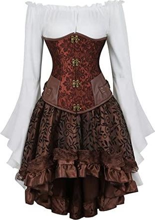 Grebrafan Corset Serre Taille Acier et Jupe Pirate Chemisier Deguisement Bustier Halloween (EUR(30-32) XS, Marron)