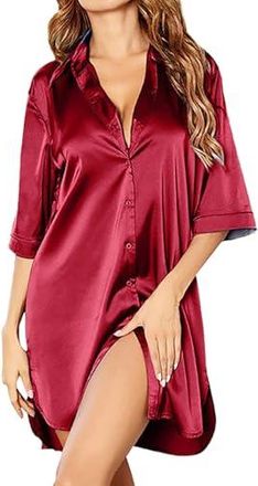 Generic Ensembles De Pyjama Femme Chemise de Nuit boutonnée à Manches Courtes pour Femmes, Chemise de Nuit Douce et décontractée, Pyjama avec Poche Sexy Nuise