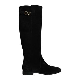 Dolce & Gabbana Schwarze Wildleder Kniehohe Flache Stiefel - - Shoes - Damen - Schwarzk - 35 EU