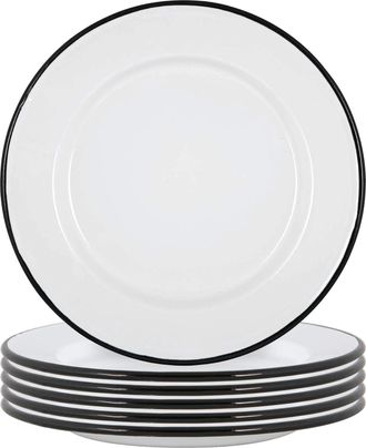 Argon Tableware Weiße Emaille -Dinner -Teller - 25,5cm - Schwarz - Pack Von 6