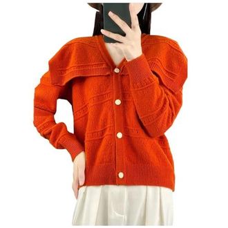 Generic Cardigan dhiver ouvert en tricot 100 % laine pour femme avec col bleu marine, orange citrouille, Taille XS
