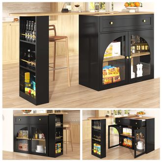 Generic Bartisch bistrotisch schwarz 138-204 cm sideboardschrank mit 360 Grad drehfunktion und 3-stufigem seitenregal hochtisch in MDF Design mit glast&uuml;ren un