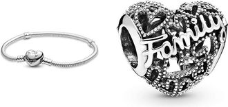 Pandora Pandora Moments Schlangen-Gliederarmband mit Herz-Verschluss aus Sterlingsilber Moments Collection, Größe: 17 cm & Family Herz Charm Sterling-Silber 8