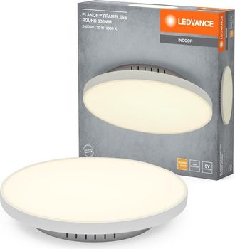 Ledvance Planon Frameless Round rahmenlose Panelleuchte in Weiß mit fortschrittlicher LED-Technik, 19 W, runde Form (300 mm Durchmesser), warmweiße Lichtfarbe 