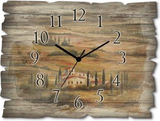 Artland Wanddeko Wanduhr ohne Tickgeräusche aus Holz Quarz Uhr lautlos Rechteckig 40x30 cm Landschaft Toskana Berge Tal Haus Kirche Felder Zypressen Mediterra